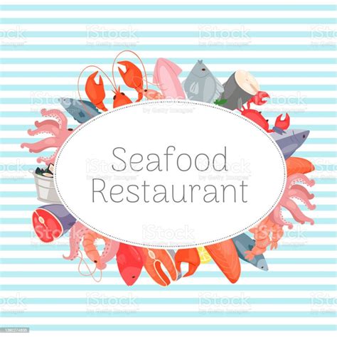해산물 레스토랑 배너 포스터 벡터 일러스트 레이 션 레몬 새우 오징어 문어 게와 참치가 들어간 랍스터를 곁들인 생선 연어