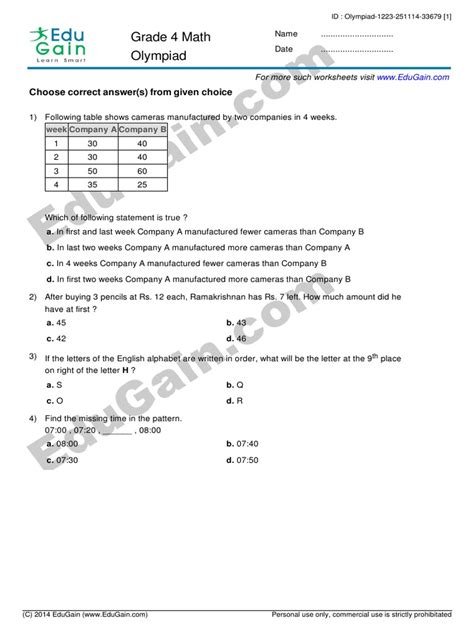 Class 5 Olympiad Exams Sample Papers