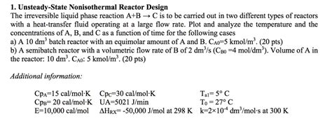 Unsteady State Nonisothermal Reactor Design The Irreversible Liquid Phase Reaction Ab C Is To