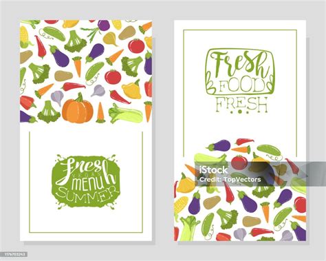 신선한 여름 비건 메뉴 카드 템플릿 세트 유기농 야채 원활한 패턴 헬시 채식 식품 디자인 요소는 포장 전단지 인증서 벡터 일러스트레이션에 사용될 수 있습니다 가지 채소에