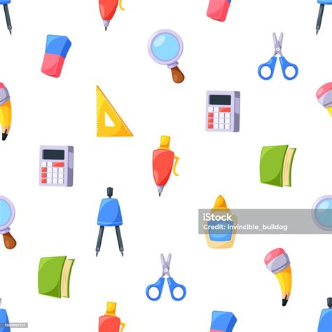 책 연필 통치자 접착제 및 나침반과 같은 다양한 학교 용품을 특징으로하는 완벽한 패턴 교육 설계 가위에 대한 스톡 벡터 아트 및 기타 이미지 Istock