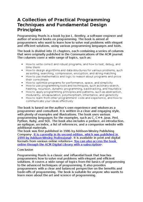 Programming Pearls A Collection Of Practical Programming Techniques And Fundamental Design