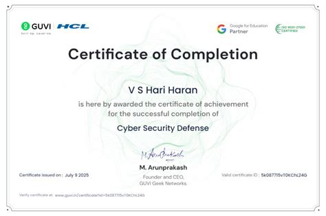 Cybersecurity Certification Guvi Hcl Professionalgrowth Continuouslearning V S Hari Haran