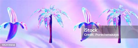 미니멀 한 양식에 일치시키는 콜라주 아트3d 창조적 인 바나나와 야자 홀로그래피 공간을 렌더링합니다 건강에 좋지 않은 음식에