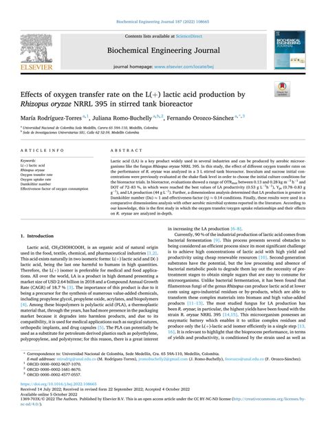 Pdf Effects Of Oxygen Transfer Rate On The L Lactic Acid Production By Rhizopus Oryzae Nrrl