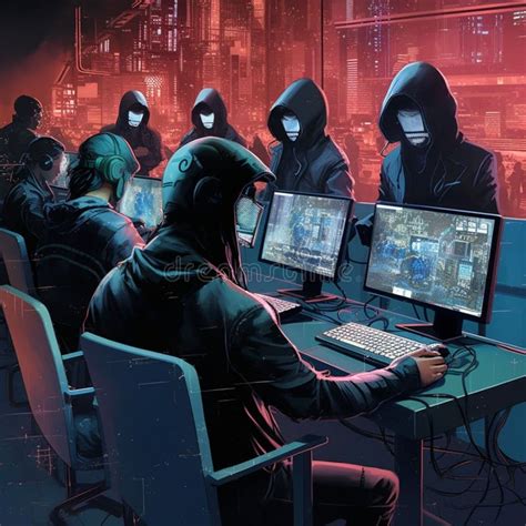 Ai Generated Illustration Of Hackers Sitting At The Computer Desks With Black Hoods On Stock