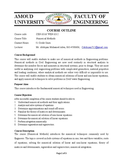 numerical methods course outline sep 2021 pdf matrix mathematics eigenvalues and