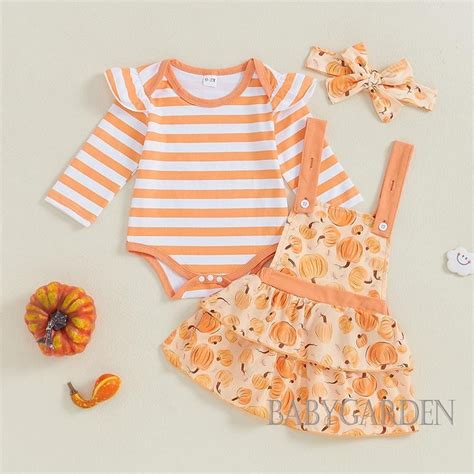 Baga ชุดฮาโลวีนเด็กผู้หญิงลายชุดรอมเปอร์แขนยาวลายฟักทองโดยรวมชุดและที่คาดผมโบว์ 3 ชิ้นชุด