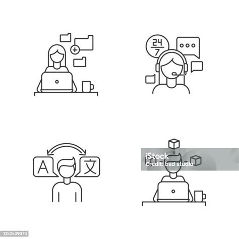 프리랜서 직업 데이터 입력 작업 픽셀 완벽한 선형 아이콘 세트 3d 모델링 고객 서비스 사용자 정의 가능한 얇은 선 윤곽 기호