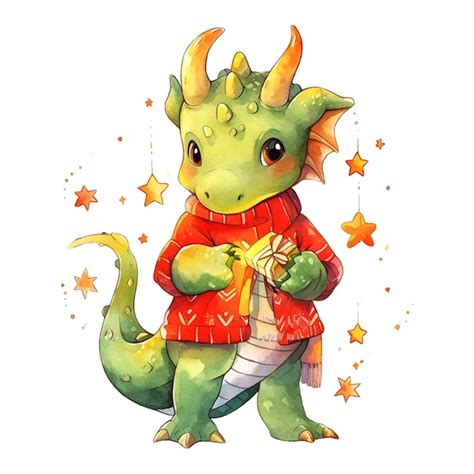 Фэнтези милый дракон со звездой Рождество отличный дизайн акварель Белый цвет фона Новый год
