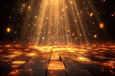 Abstract Glowing Particle Beams On Tiled Surface Warm Golden Light Streaks Dark Stock