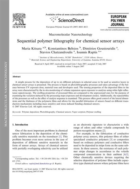 Pdf Sequential Polymer Lithography For Chemical Sensor Arrays