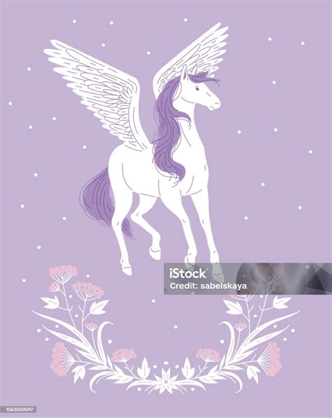 날개 마법의 꽃 라일락 배경에 만화 플랫 벡터 삽화를 가진 환상적인 말 마법의 페가수스 말 아이들을 위한 동화 속 캐릭터 0명에 대한 스톡 벡터 아트 및 기타 이미지