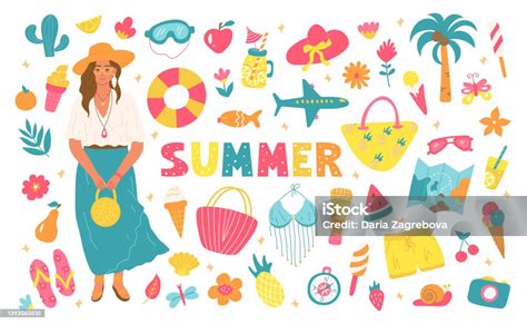 밝은 여름 요소 세트 해변에서의 휴가 주말 바다 여행 여름 옷 음료 파인애플 꽃 레모네이드 옷에있는 소녀 포스터 디자인을위한