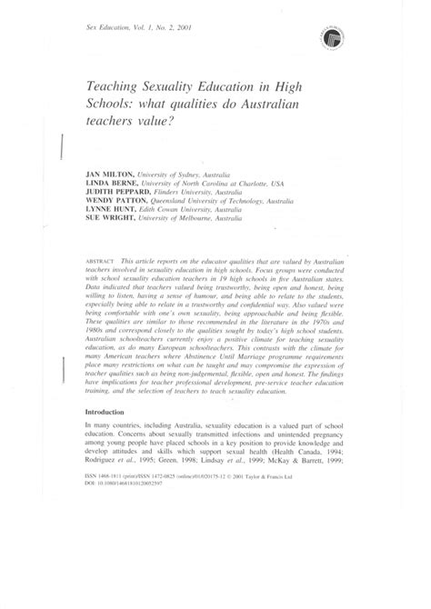 PDF Teaching Sexuality Education In High Babes What Quantities Do Australian Teachers Value