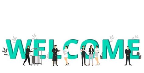 호텔 컬러 일러스트에 오신 것을 환영합니다 환대 사업 숙박 서비스 홀 포터 도어맨 리조트 매니저 화이트에 근무 직원 만화 캐릭터 프리미엄 벡터 사업 호텔