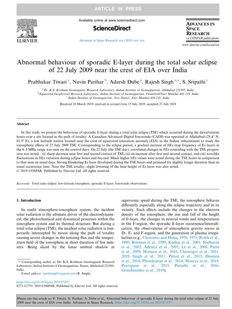 Pdf Abnormal Behaviour Of Sporadic E Layer During The Total Solar Eclipse Of 22 July 2009 Near