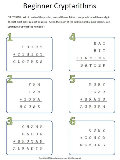 Free Printable Beginning Cryptarithms