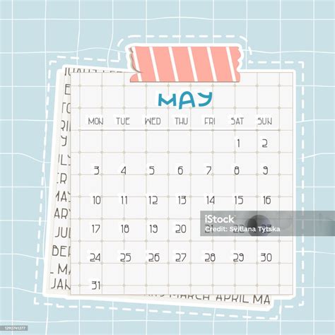 2021년 5월 달력 점이 있는 제곱 된 용지의 파란색 텍스트입니다 신문의 조각은 하단에 분홍색 스카치 라인이 패턴 접착제 테이프는 상단에 2021년에 대한 스톡 벡터 아트