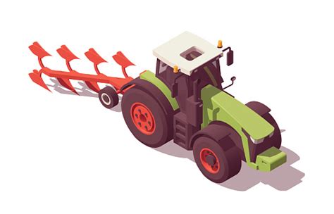 농업 장비 세트와 등대 트랙터 흰색 백그로웅에 빨간색 쟁기와 고립 된 낮은 폴리 녹색 트랙터 벡터 일러스트레이터 수집 등측투영법