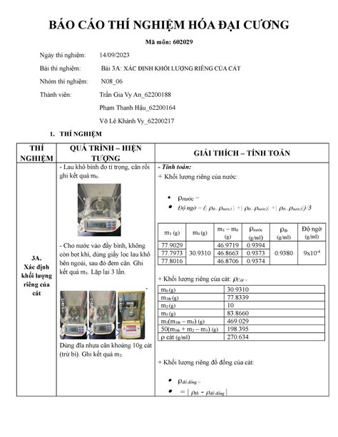 Báo Cáo Thí Nghiệm HDC bài BÁO CÁO THÍ NGHIỆM HÓA ĐẠI CƯƠNG Mã môn Ngày thí nghiệm
