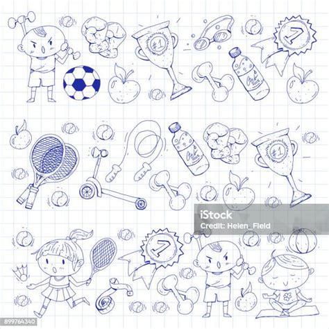 어린이 스포츠 아이 그림입니다 유치원 학교 대학 유치원입니다 축구 축구 테니스 달리기 복싱 럭비 요가 수영 6 7 살에 대한 스톡 벡터 아트 및 기타 이미지 Istock