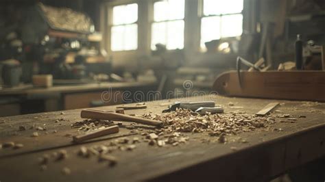Rustic Woodworking Workshop With Tools And Wood Shavings Stock