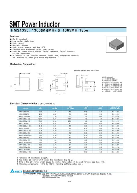 Delta Electronics Smt Power Inductor Hms1355 Specifications Pdf