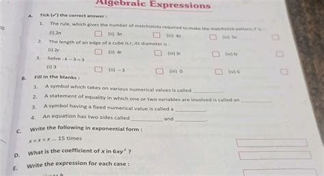 Algebraic Expressions A Tick The Correct Answer 1 The Rule Which