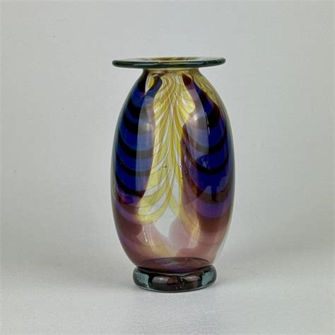 Vintage Signed Hand Blown Clear Art Glass Vase 1977 In Blue And Yellow