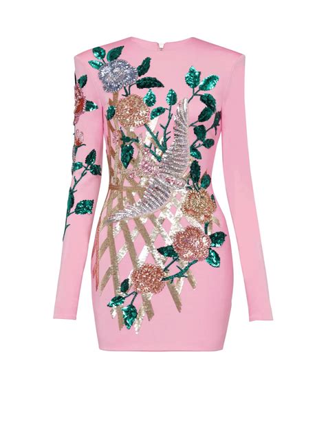Embroidered Roses Dress Women Balmain Pink Mini Dresses Rose