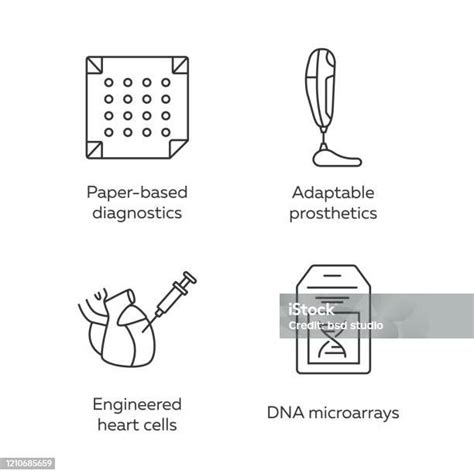 생물 공학 선형 아이콘 집합입니다 진단 적응형 보철 엔지니어링 심장 세포 Dna 마이크로어레이 가는 선 윤곽심 격리된 벡터 개요 그림입니다 편집 가능한 스트로크 Dna에