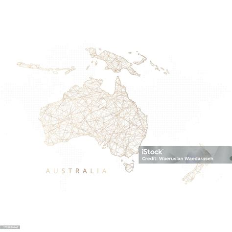 호주 대륙의 낮은 폴리 지도 금색 다각형 와이어프레임 흰색 배경에 금색 입자가 있는 반짝이는 벡터 벡터 일러스트레이션 Eps 10 0명에 대한 스톡 벡터 아트 및 기타