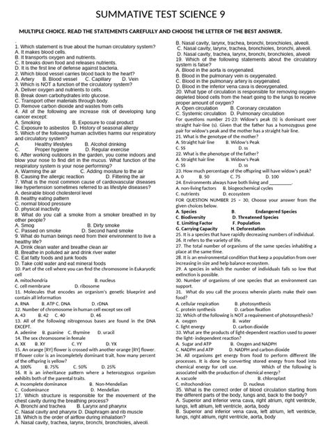 Summative Test Science 9 Pdf Circulatory System Lung