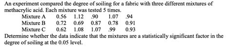 Solved An Experiment Compared The Degree Of Soiling For A