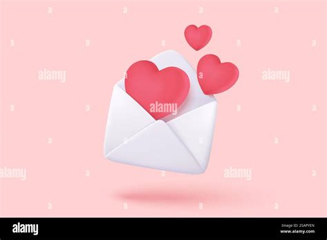 3d Mail Envelope Icon With Red Heart Notification New Message Minimal Email Letter With Pop Up
