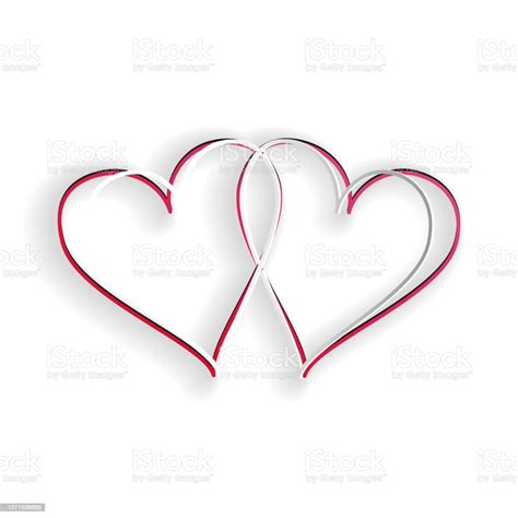 흰색 배경에 격리된 연결된 두 개의 하트 아이콘을 용지로 잘라냅니다 하트 두 사랑 로맨틱 한 기호 연결 가입 열정과 결혼식 발렌타인 데이 기호 종이 아트 스타일 벡터 개념에