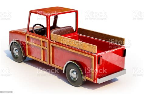 크리스마스 휴가 소품에 대한 빨간색 복고풍 장난감 트럭의 3d 렌더링 클리핑 경로와 흰색 배경에 격리 픽업 트럭에 대한 스톡 사진 및 기타 이미지 Istock