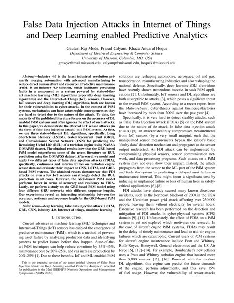 Pdf False Data Injection Attacks In Internet Of Things And Deep Learning Enabled Predictive