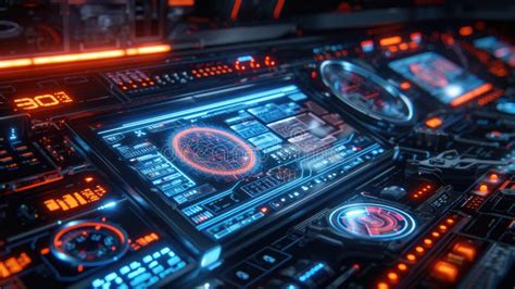 Interface Of Digital Control Panel In Spaceship Command Center Futuristic Screens Dashboard Of