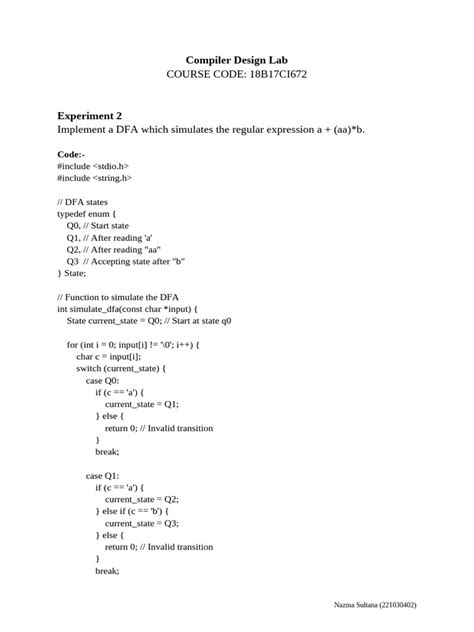 Compiler Design Lab Experiment 2 Pdf