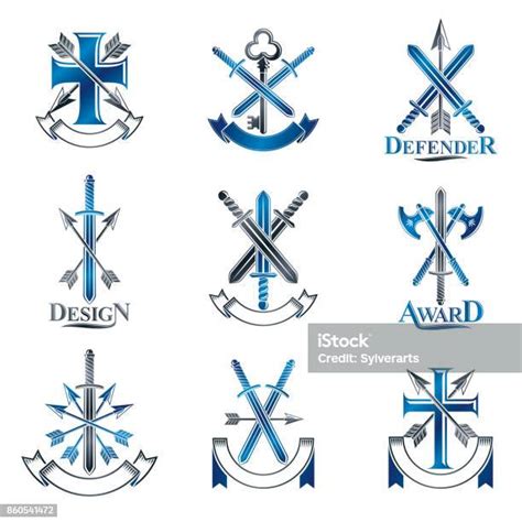 빈티지 무기 엠 블 럼 설정합니다 빈티지 벡터 디자인 요소 컬렉션입니다 레트로 스타일 레이블 문장 학입니다 0명에 대한 스톡 벡터 아트 및 기타 이미지 Istock