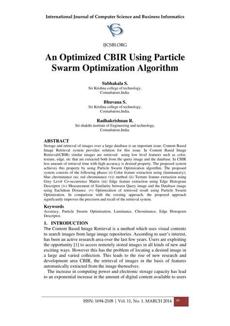 Pdf An Optimized Cbir Using Particle Swarm Optimization Algorithm
