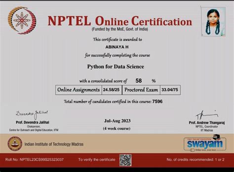 Abinaya Hariharan On Linkedin Heyy Guys I Got My First Nptel Certificate On Python For Data