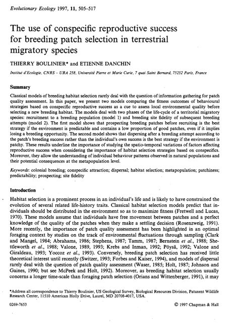 Pdf The Use Of Conspecific Reproductive Success For Breeding Patch Selection In Terrestrial
