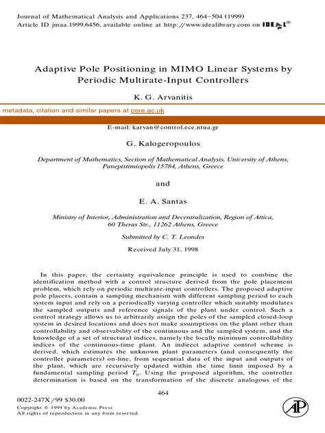 Adaptivepolepositioning Mimosystems Pdf Control Theory Equations
