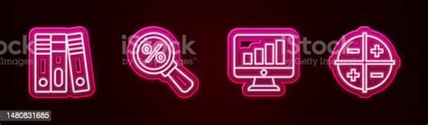 Set Line Office Folders Magnifying Glass With Percent Computer Monitor Graph Chart And Xyz