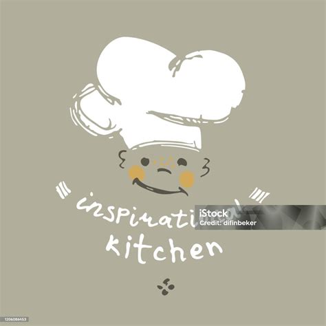 영감 부엌입니다 셰프의 모자에 미소 얼굴을 그리는 아이의 그림 연필로 그린 재미있는 그림 요리 카페 길거리 음식 요리 과정 등을위한 로고 사랑에 대한 스톡 벡터 아트 및