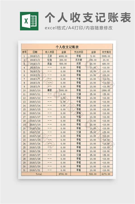 简约个人收支记账表excel模板下载 包图网