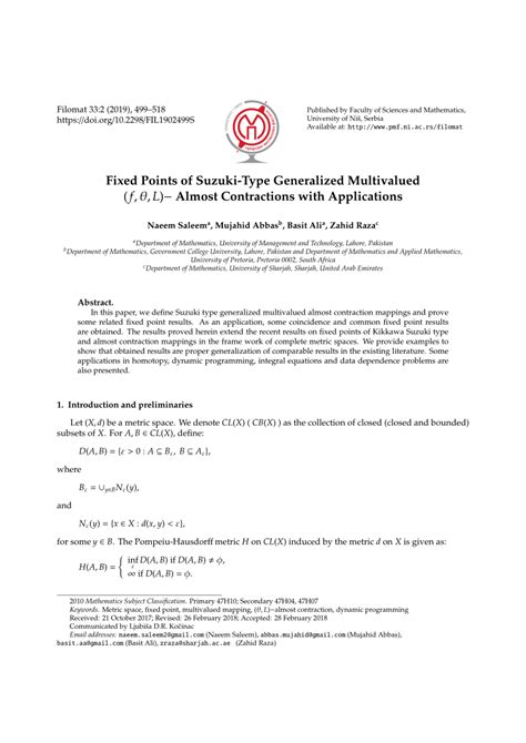 Pdf Fixed Points Of Suzuki Type Generalized Multivalued Fθl Almost Contractions With